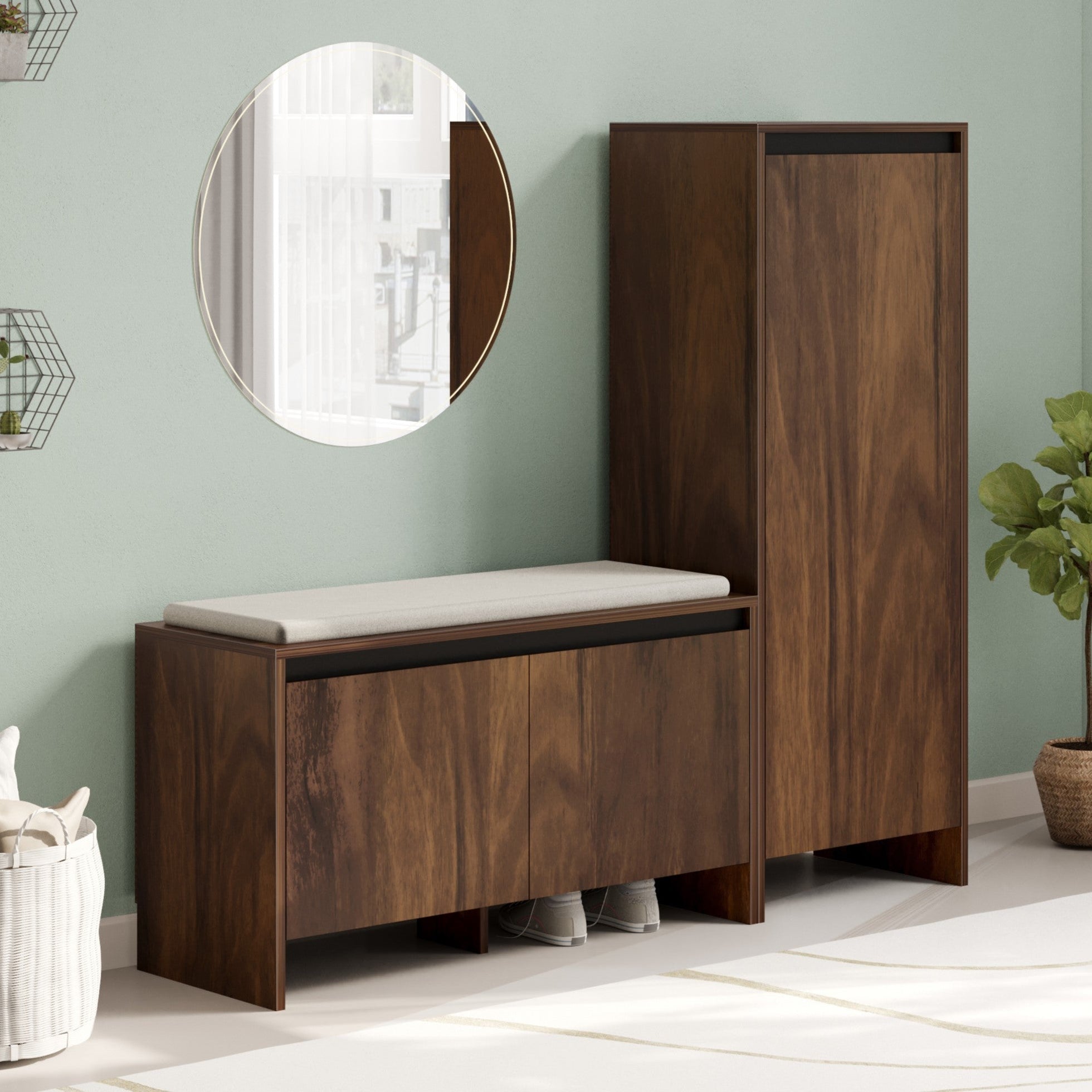 Mavis Multipurpose Wooden Shoe Rack with Cushioned Seating & Tall Stor ...